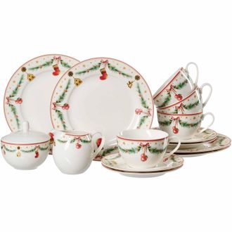 Ritzenhoff & Breker Holly Kaffeeservice 14-teilig f&uuml;r 4 Personen - Weihnachtsgeschirr aus Porzellan im Retro-Design - sp&uuml;lmaschinenfest & mikrowellengeeignet - Wei&szlig;/Rot/G