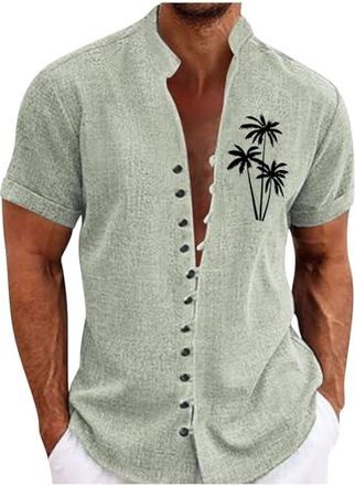 Generic Chemise de Noël boutonnée à manches longues pour homme en coton et lin de couleur unie à manches courtes et col montant - Chemise de plage doublée en 