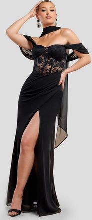 Goddiva Maxikleid Scalloped Lace & Chiffon Winged Corset Bodice Maxi Dress langes Kleid