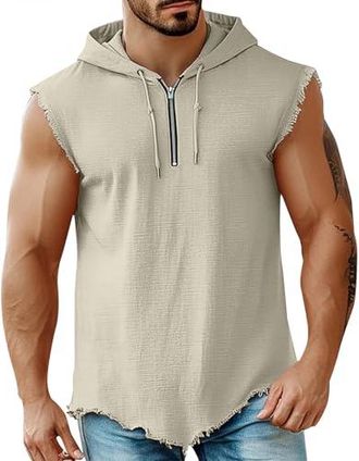 Generic Gilet &agrave; capuche avec fermeture &eacute;clair 1/4 pour homme, gilet sans manches en coton et lin, gilet &agrave; capuche pour sports de plein air, gilet l&eacute;ger et ten