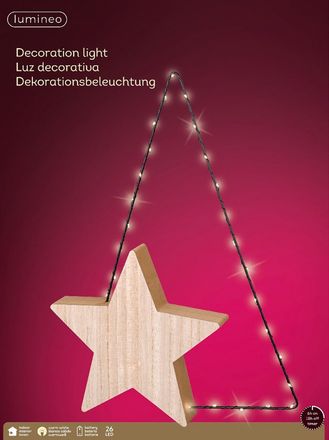 Lumineo Holzstern warm wei&szlig; - 26 LEDs - Indoor - Timer - 60 Stunden Laufzeit - Dauerbetrieb