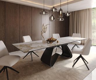 DELIFE Esstisch Edge 200-300x100 Keramik Minas Melange Weiß-Beige W-Gestell Schwarz ausziehbar, Esstische