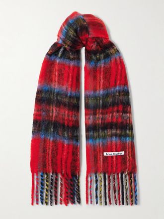 Acne Studios Écharpe En Mohair Mélangé À Carreaux Et À Franges - Rouge