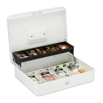 Relaxdays Geldkassette abschließbar, Münzeinsatz & 4 Scheinfächer, Geldkasse Eisen, HxBxT: 8,5 x 30,5 x 24,5 cm, weiß