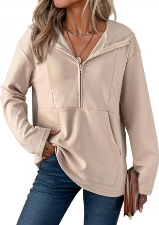 Dokotoo Kapuzenpullover Damen Hoodie Oversize Langarm Rei&szlig;verschluss Half Zip Pullover Sweatshirts mit Taschen Oberteil Warm Weich Fleece Herbst Winter L&auml;ssig