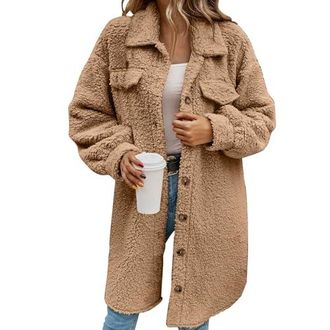 Generic Veste polaire pour femme - &Eacute;l&eacute;gante et longue - Veste dhiver moelleuse - Veste en peluche - Sweat-shirt &agrave; revers - Manches longues - Veste en peluche 