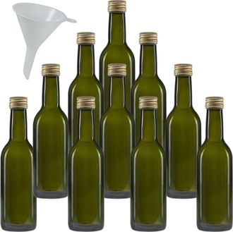 mikken Art 10 x gr&uuml;ne Glasflasche 250 ml, &Ouml;lflasche mit Schraubverschluss inkl Trichter