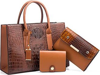 Generic Lot de 3 sacs &agrave; main pour femme avec poign&eacute;e sur le dessus, sac &agrave; bandouli&egrave;re tendance crocodile, grand sac fourre-tout pour femme, marron, Large