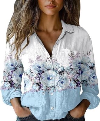 Generico Chemise Femme Curvy &agrave; Manches Longues Blouse Coton Et Lin D&eacute;contract&eacute; Respirant T Shirt Col en V Mode Chemisier Vintage Fantaisie avec Boutons Doux Ch