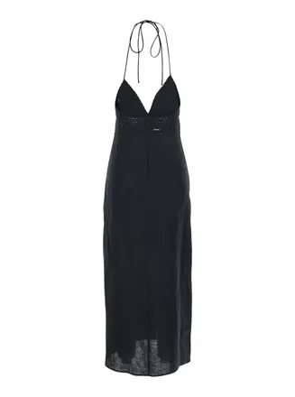 Twinset Womens Long Dress Embroidery Black Linen