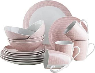 Mäser Kitchen Time II, Geschirr-Set für 4 Personen, 16-tlg Kombiservice in Pastellfarben mit dezentem Muster, Porzellan, Rosa