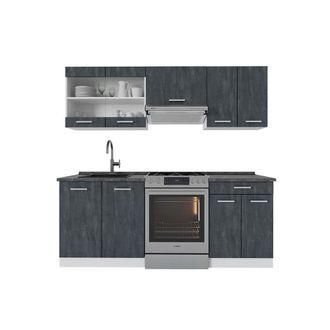 Vicco Küchenzeile R-Line, Küchenblock, Schwarz Beton/Weiß, 200 cm AP Anthrazit