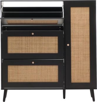 Mendler Rattan-Schuhkipper HWC-M37, Schuhregal Schuhschrank, 3 Kippfächer 2 Regalböden 127x120x24cm Holz Melamin - schwarz