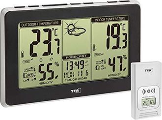 TFA Dostmann MONDO Wetterstation, 35.1151.01, wetterstation funk mit außensensor, Funkuhr, Wettervorhersage, schwarz, L 214 x B 27 (61) x H 140 mm