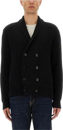 Tom Ford Homme, Pulls, Noir, Taille: L Cardigan Col Ch&acirc;le en Laine et Soie