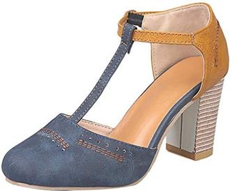 Onsoyours Sandales Femme Cuir Bout Rond Talon Carré Fermé Toe Boucle Respirant Doux Plage Sandales Escarpin Romain Chaussure Bleu 42 EU