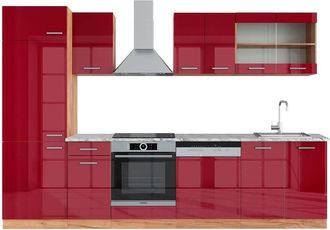Vicco Küchenzeile R-Line, Rot Hochglanz/Goldkraft Eiche, 300 cm, AP Marmor