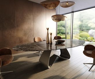 DELIFE Esstisch Edge Oval 315x150 cm Keramik Emperador Extra Lucidato Dunkelbraun W-Gestell Metall Effektfinish Titan, Esstische