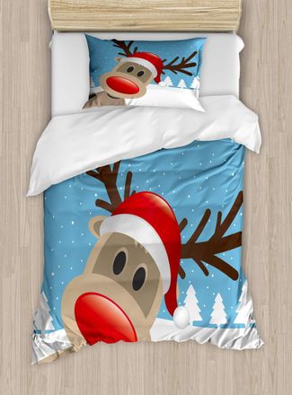 Abakuhaus Weihnachten Bettbezugs Set f&uuml;r Einzelbetten, Rentier Rudolph Hut, Milbensicher Allergiker geeignet mit Kissenbezug, 130 x 200 cm,Blassblau Rot Hellbra