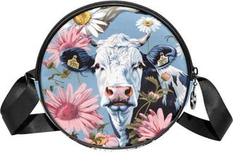 Generic Sac &agrave; bandouli&egrave;re rond pour femme, motif fleurs de vache, petit sac &agrave; bandouli&egrave;re avec fermeture &eacute;clair, bretelles r&eacute;glables, sac &agrave; main rond d&eacute;contra