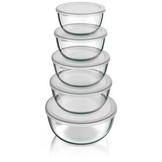 Arendo Salatsch&uuml;ssel aus Glas mit Deckel - Glassch&uuml;ssel 5er Set - 1000ml + 1500ml + 2000ml + 2700ml + 4400ml - R&uuml;hrsch&uuml;sseln klein bis gro&szlig; - Borosilikatglas