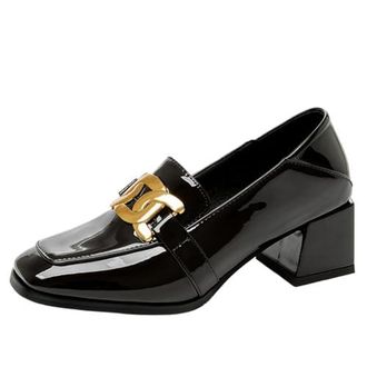 Smilice SJJH Chaussures pour femme avec pointe carr&eacute;e | Talon bloc de 5 cm et boucle en m&eacute;tal | Cuir brillant pour le bureau et la vie quotidienne, Noir, 49 E