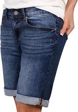 Minetom Short Femme Jean Taille Haute Ete Denim Pantalon Moyen Short en Jean Décontracté Shorts en Denim Déchiré Hot Shorts A2 Bleu Foncé XS
