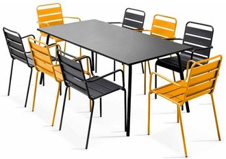 Oviala Ensemble table de jardin et 8 fauteuils en m&eacute;tal jaune et gris - Palavas