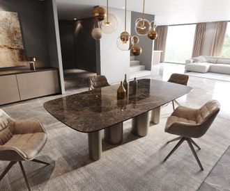 DELIFE Esstisch Edge Boot 240x120 Keramik Laminam Emperador Extra Lucidato Dunkelbraun Pilier Metall Effektfinish Titan, Esstische