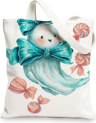 Generic Sacs fourre-tout en toile motif fantôme, adorables sacs dépicerie réutilisables, légers et lavables avec bandoulière, blanc, 13x15 Inch