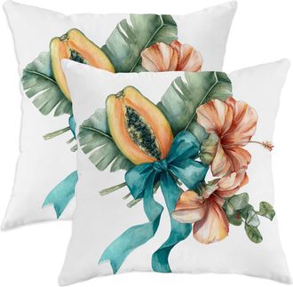 Generic Dekorative quadratische Kissenbez&uuml;ge mit tropischem Blumenmuster, orangefarbene Papaya und Hibiskus, dekorative quadratische Kissenbez&uuml;ge f&uuml;r Zuhause,