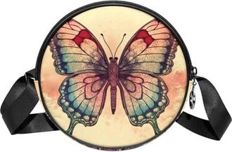 Generic Sac &agrave; bandouli&egrave;re rond pour femme, motif papillon vintage, petit sac &agrave; bandouli&egrave;re avec fermeture &eacute;clair, bretelles r&eacute;glables, sac &agrave; main rond d&eacute;contr