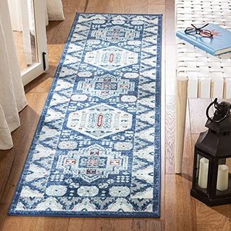 Safavieh Stammes-inspiriert Teppich für Wohnzimmer, Esszimmer, Schlafzimmer - Kazak Collection, Kurzer Flor, Blau und Creme, 61 X 244 cm