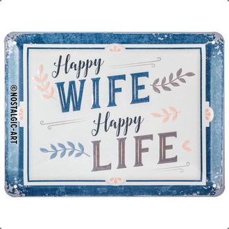 Nostalgic Art Retro Blechschild, 15 x 20 cm, Happy Wife Happy Life - Geschenk-Idee für Nostalgie-Fans, aus Metall, Vintage Design mit Spruch, Blechschilder Sprüche