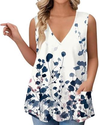 Generic Debardeur Femme Chic et &eacute;l&eacute;gant Chemisier sans Manche Imprim&eacute; D&eacute;bardeur Col V Top Ete Haut Chic et Elegant Fluide Ample Caraco Vetement Femme Ete Tee 