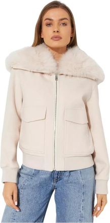 Yves Salomon Femme, Vestes, Beige, Taille: 40 FR Veste courte en laine cachemire avec col en fourrure de renard