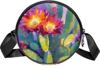 Generic Petit sac &agrave; bandouli&egrave;re rond pour femme, motif fleurs de cactus avec fermeture &eacute;clair, bretelles r&eacute;glables, sac &agrave; main rond d&eacute;contract&eacute; pour femmes et