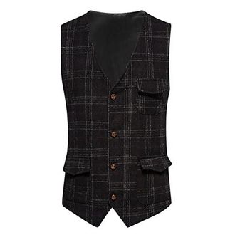 Generic Gilet en tweed &agrave; carreaux pour homme, gilet &agrave; simple boutonnage, gilet formel professionnel, gilet polyvalent et d&eacute;contract&eacute;, gilets classiques de cou