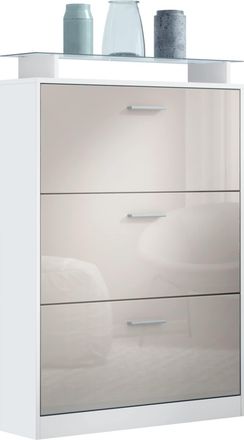 Vladon Schuhschrank Lavia, Made in Germany, Schuhkipper für 24 Paar Schuhe mit 3 Klappen und Glasablage, Weiß matt/Sandgrau Hochglanz (89 x 128 x 23 cm)