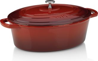 KELA Kela 11942 Bräter mit Deckel, Gusseisen, Emaille-Beschichtung, Hohe Wärmespeicherung, Induktionsgeeignet, 6 L, Rot, Oval, Calido