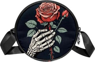 Generic Petit sac &agrave; bandouli&egrave;re rond pour femme, motif fleurs squelettes avec fermeture &eacute;clair, bretelles r&eacute;glables, sac &agrave; main rond d&eacute;contract&eacute; pour femmes e