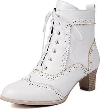 Generic Bottines vintage Brouge à lacets avec bout rond et fermeture éclair latérale pour femme, blanc, 38.5 EU