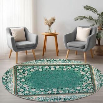 Generic Vert Olive Tapis Art D&eacute;co Rond Antid&eacute;rapant, Fleurs Feuilles Motif Doux Tapis Poils Courts pour Salon Couloir Chambre Cuisine Descente de Lit - 160 cm