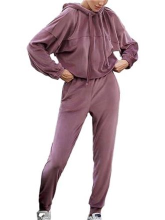 Generic Surv&ecirc;tement 2 pi&egrave;ces en velours pour femme, coupe d&eacute;contract&eacute;e, chandail &agrave; capuche &agrave; manches longues, haut et pantalon, ensemble de jogging violet, ta