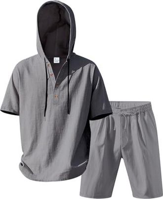 Generic Ensemble d&eacute;t&eacute; 2 pi&egrave;ces en lin pour homme, manches courtes et shorts, confortable de couleur unie, chemise &agrave; capuche, polyvalente, ample, chemise l&eacute;g&egrave;r