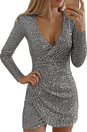 ORANDESIGNE Robe Femme Club Libertin Sexy Manche Longue Col en V Sexy Moulant Casual Paillette Brillante Disco Robe Mini Chic Clubwear Cocktail Moulante A Gris XS
