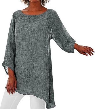 Generic Cihdmfb Chemisier en lin pour femme - Vintage - Couleur unie - Grandes tailles - Col rond - Manches 3/4 - Coton et lin - Ourlet asym&eacute;trique - T-shirt 