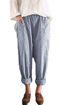 ICEGREY Pantalon en Lin Femme été à Rayures Pantalon Décontracté Rayé Bleu 38