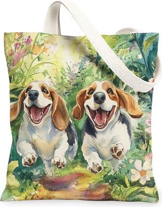 Generic Sac fourre-tout en toile motif chien basset printanier 33 x 38,1 cm, sac &agrave; bandouli&egrave;re r&eacute;utilisable pour femme, peinture danimaux domestiques, d&eacute;corat