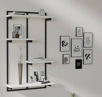 Hanah Home Modern Wall Shelf with Metal Frame, White, 70 x 120 x 15 cm | 100% Melamine Coated Particle Board, 18 mm Thick | Stylish & Functional for Home or Offi